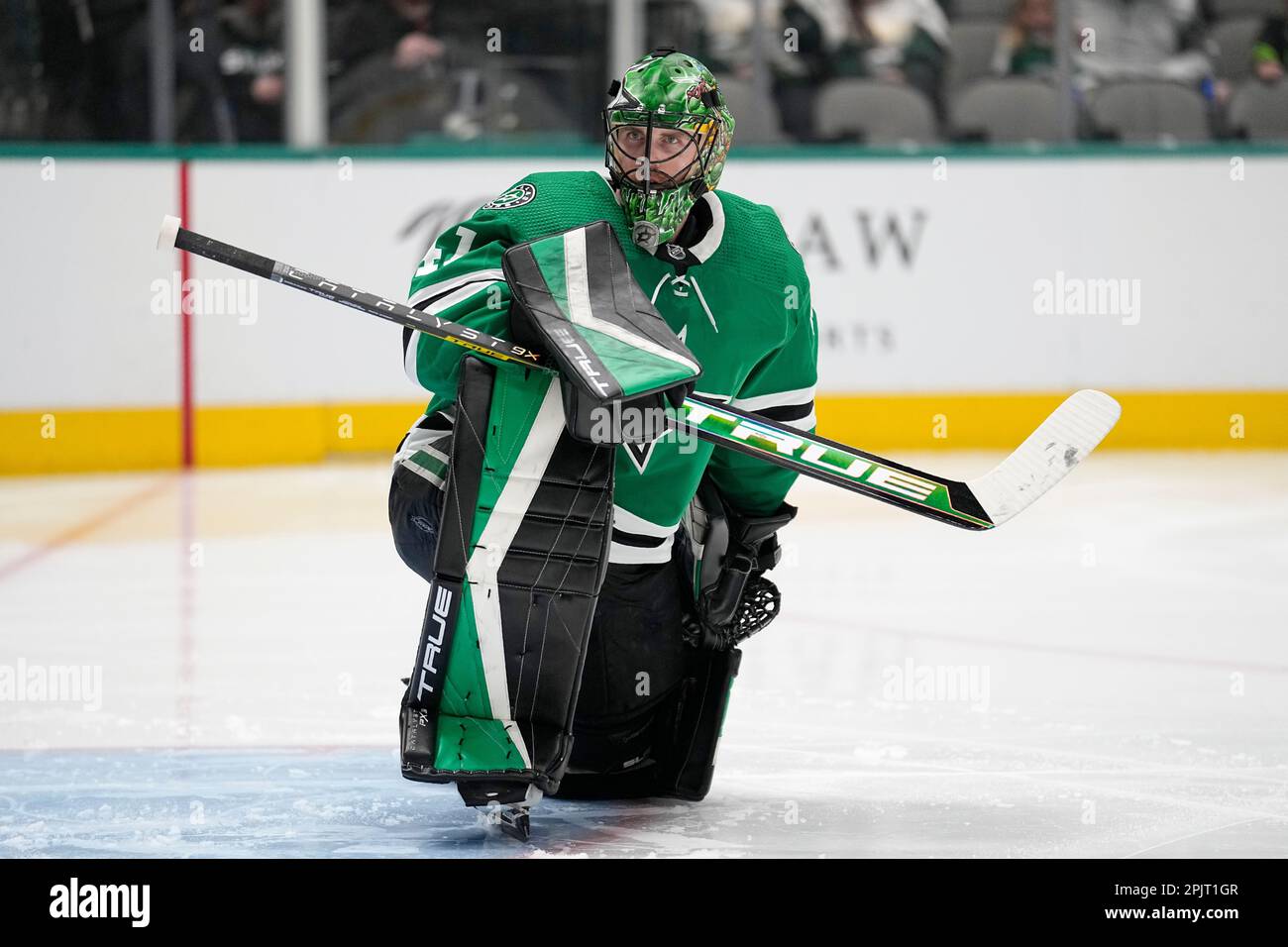 Dallas Stars goaltender Scott Wedgewood (41) stretches in front of the ...