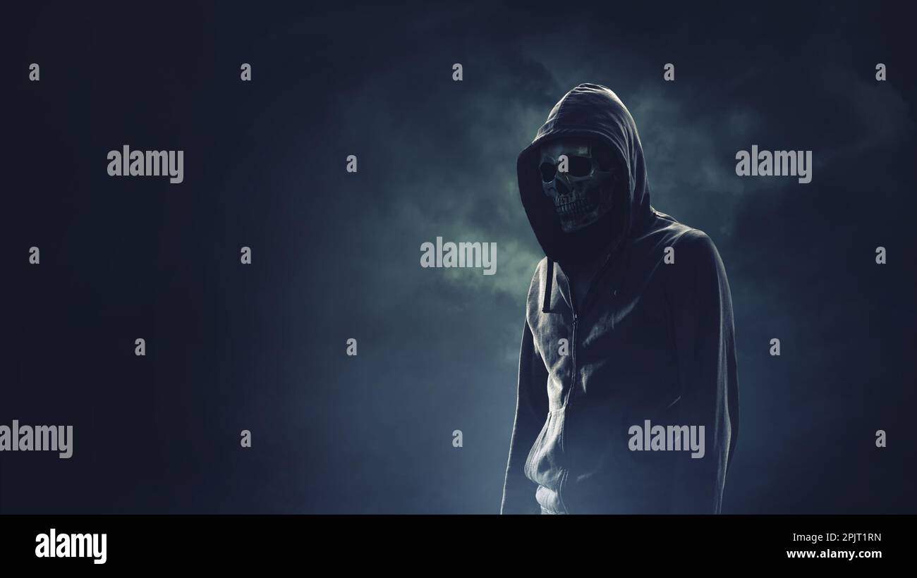 Scary and creepy male monster with gouged eyes looking like a skull ...