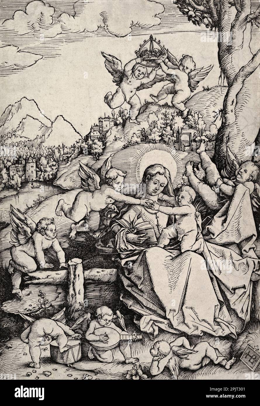 The Virgin and Child with Eight Angels in a Landscape. The painting is ...