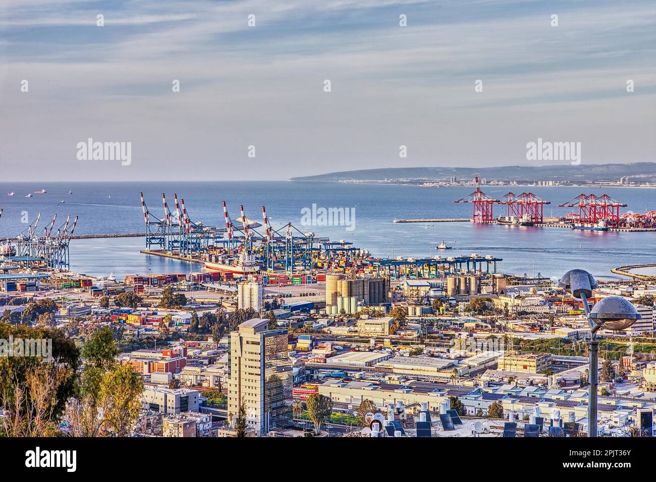 Sea port in the city of Haifa, panorama of the port and city buildings ...