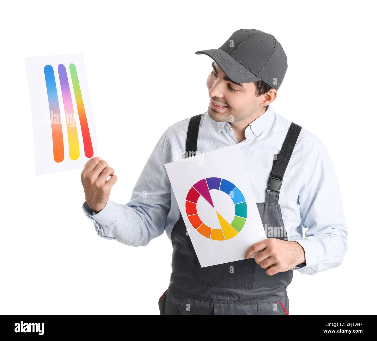 Male painter with color palettes on white background Stock Photo - Alamy