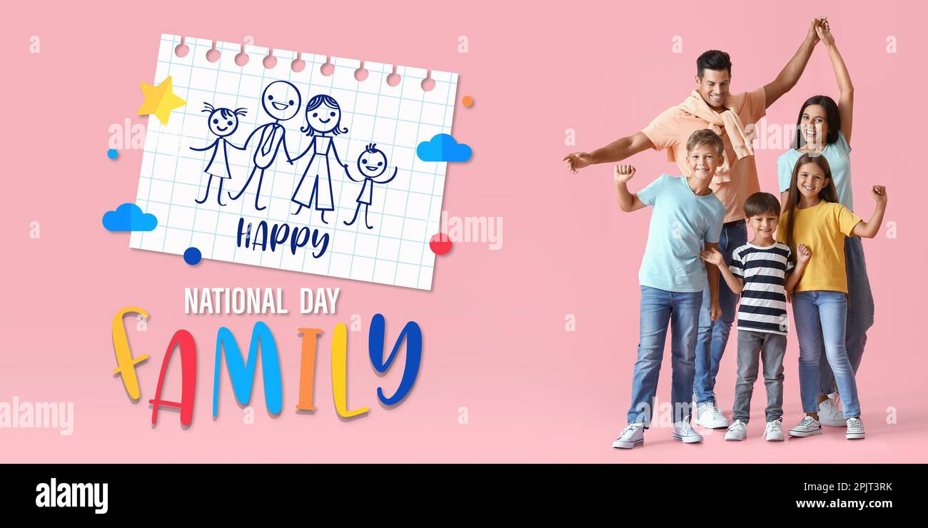Banner with happy dancing family on pink background Stock Photo - Alamy