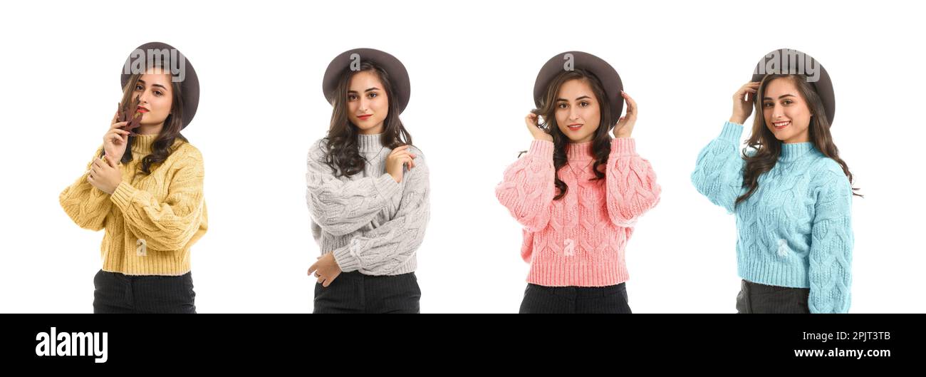Collage of young woman wearing knitted sweaters in different colors on ...