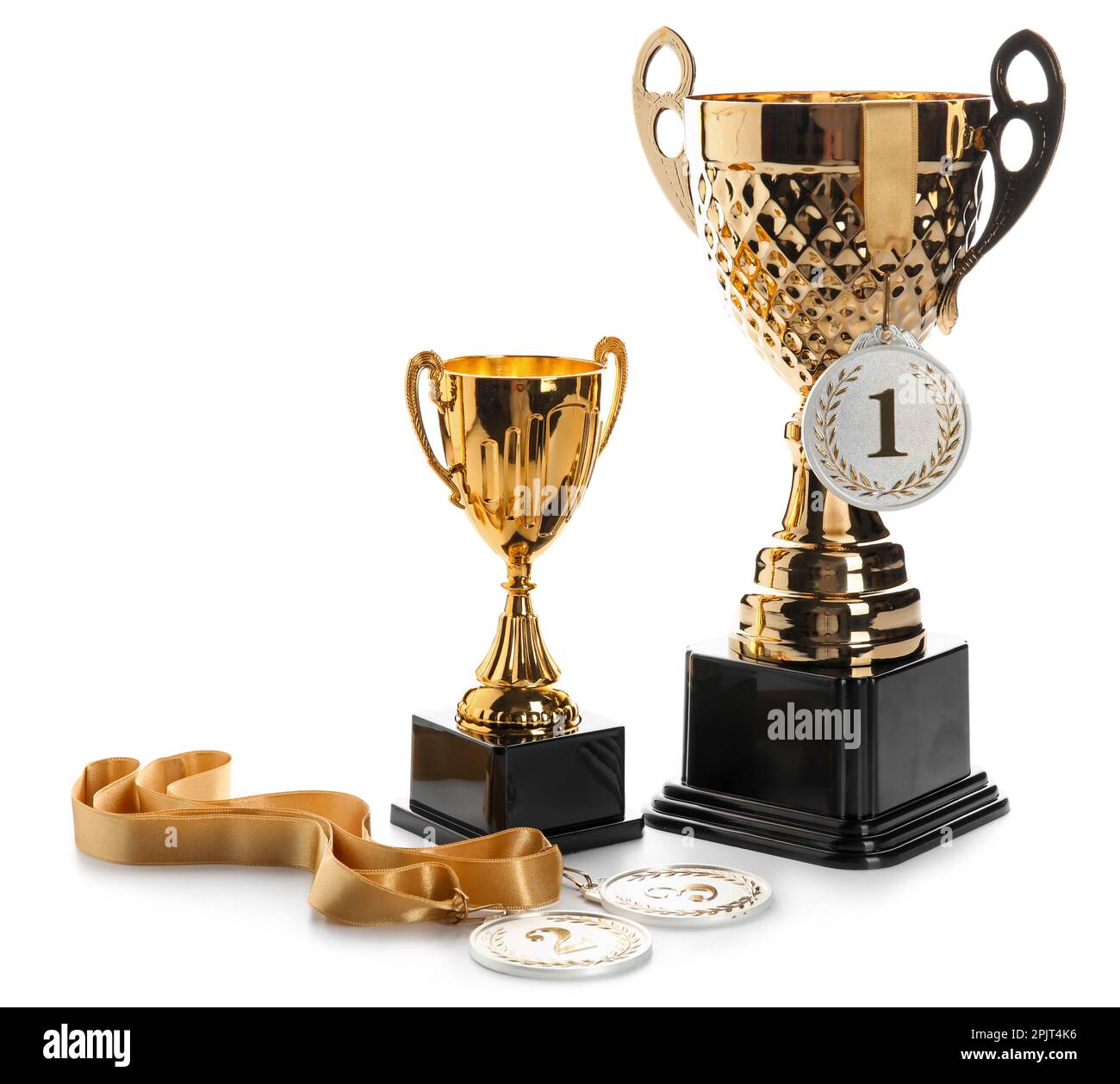 Gold cups with prize medals on white background Stock Photo - Alamy