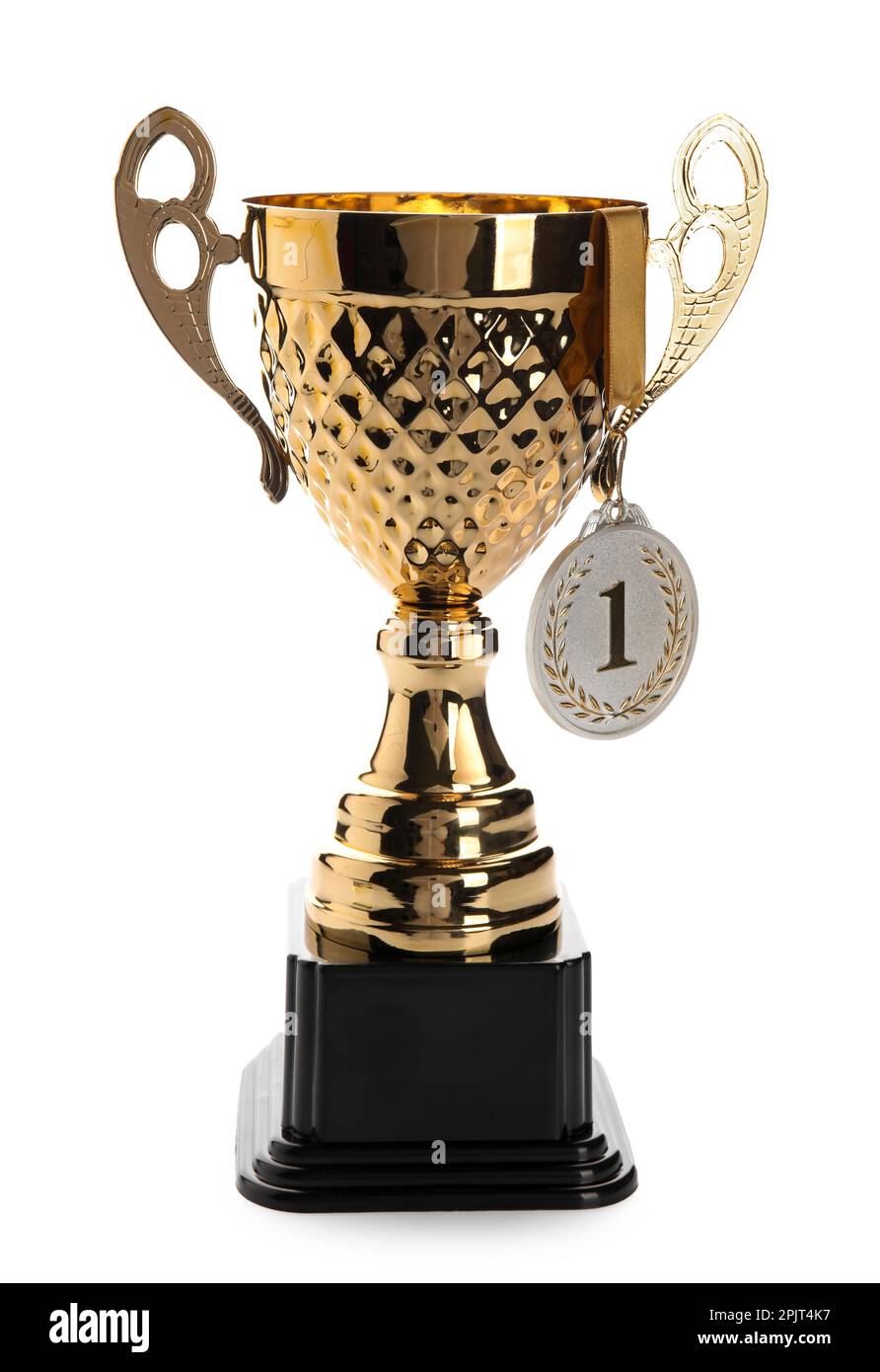 Gold cup with first place medal on white background Stock Photo - Alamy
