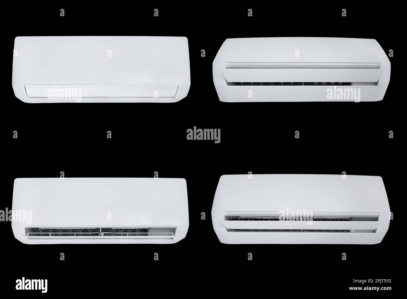 Wall mounted white air conditioner in 4 angles isolated on black ...