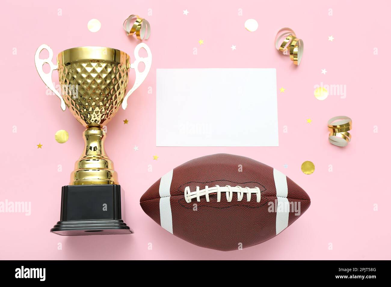 Blank card with gold cup, rugby ball and confetti on pink background ...