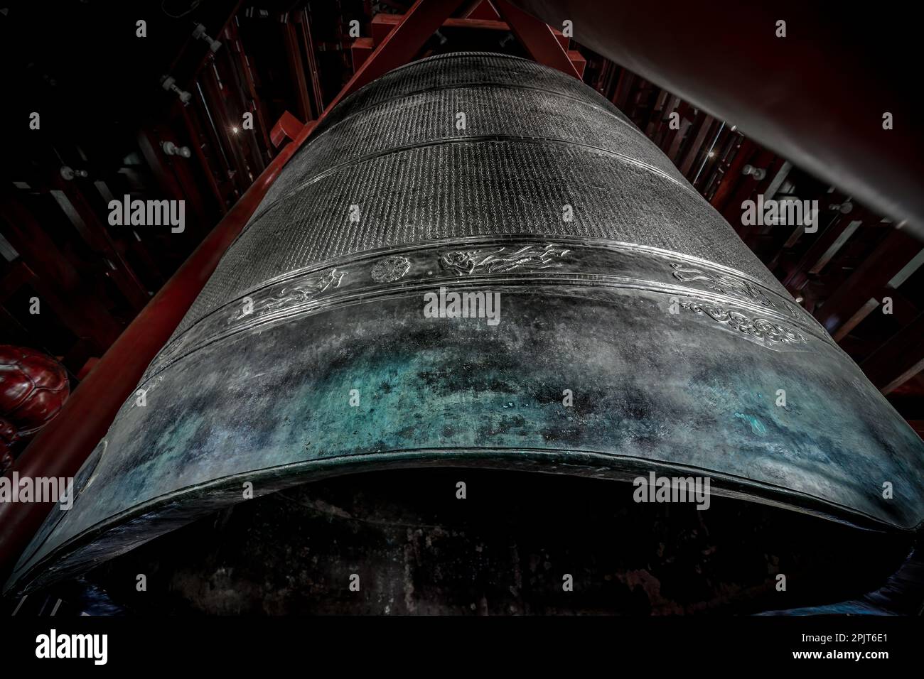 The giant bell in a famous temple in Zhejiang, China, is full of ...