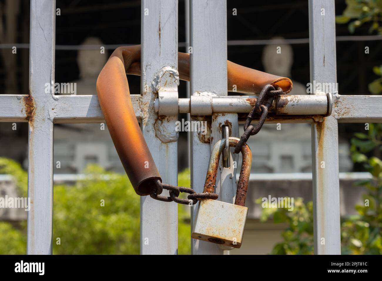 A locked gate in front of a building with seated Buddha statues ...