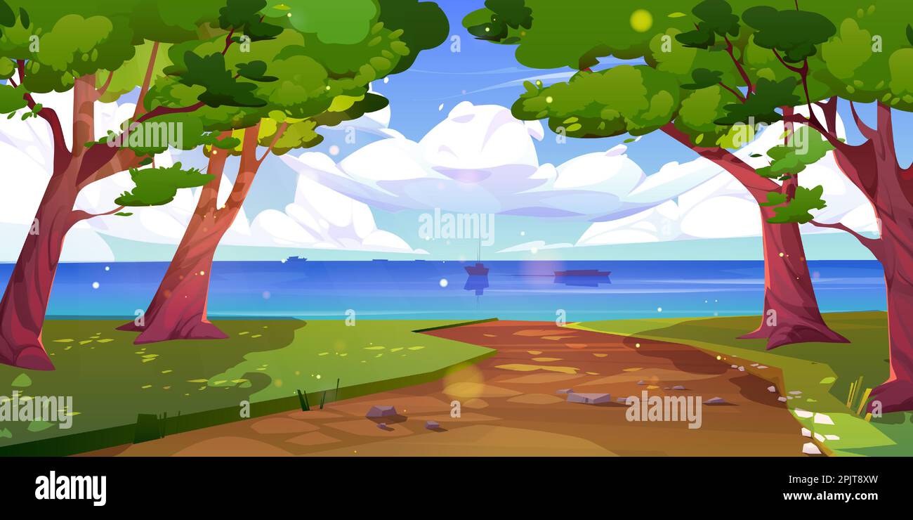 Path to river through green summer forest cartoon background. Blue sky ...