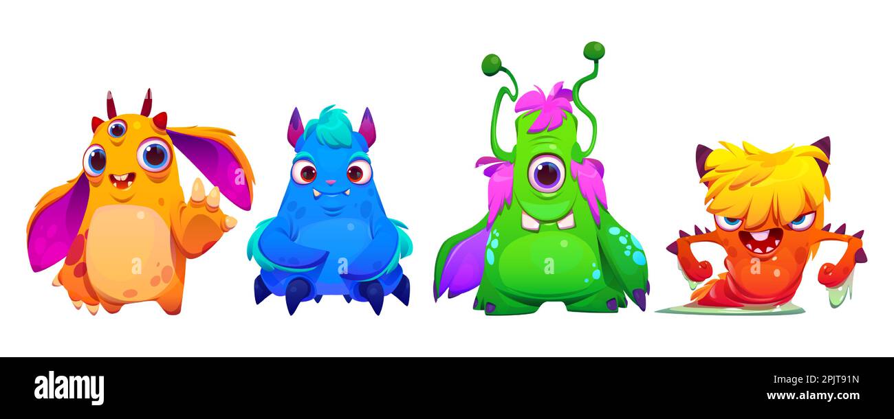 Set of cartoon neon color monsters isolated on black background. Vector ...