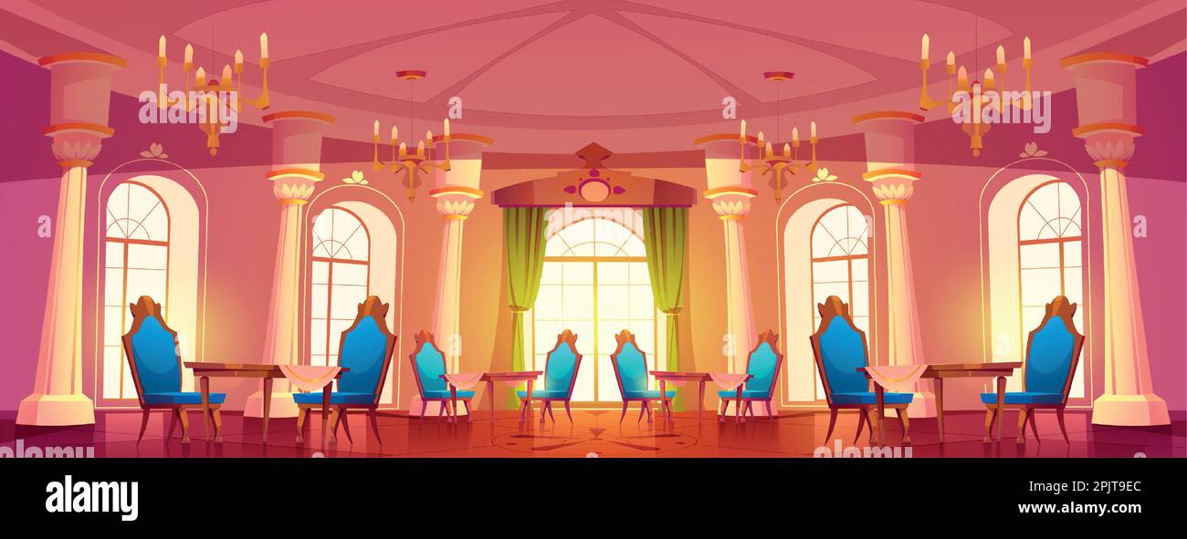 Cartoon banquet hall interior design. Vector illustration of large ...