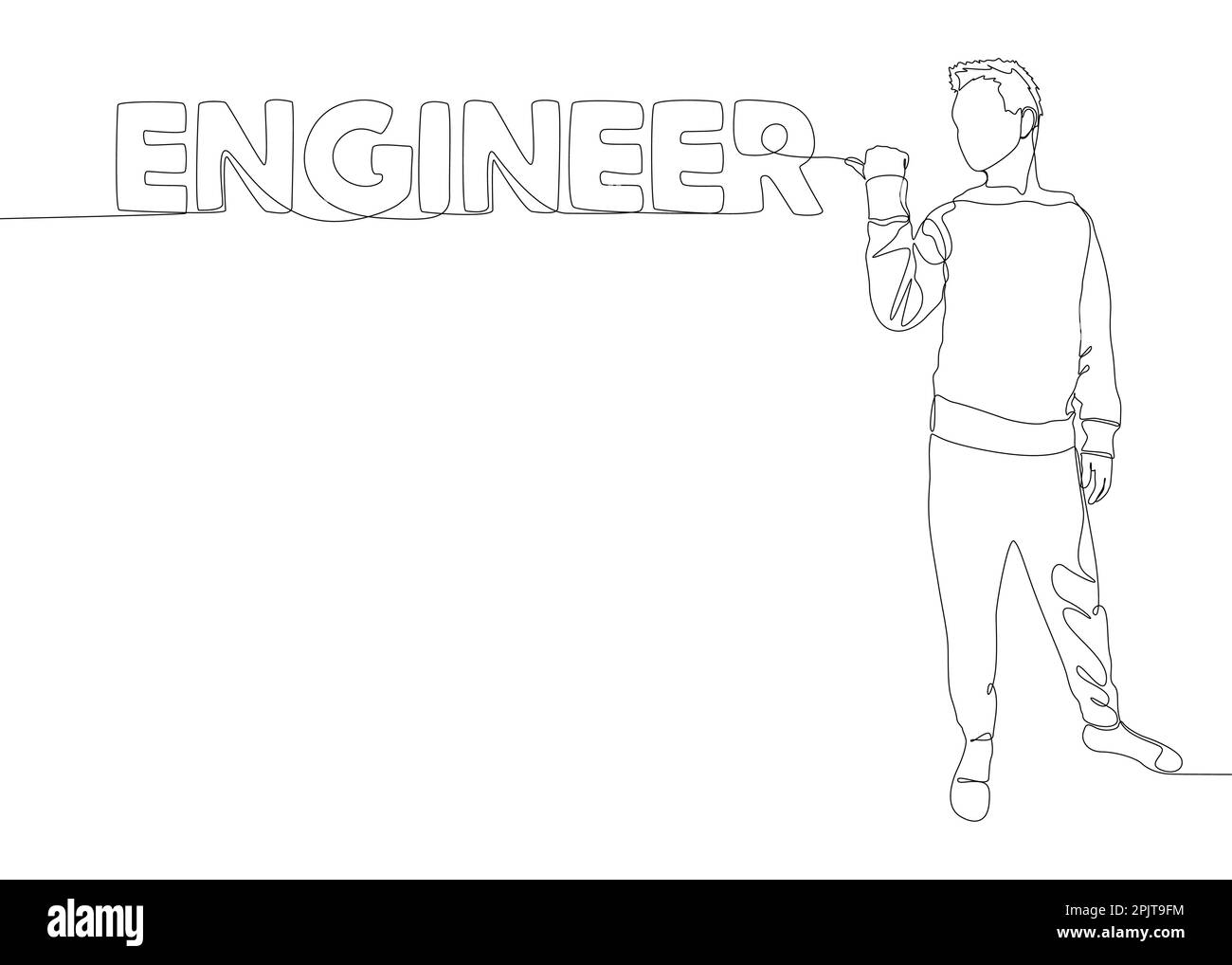 One continuous line of Man pointing with finger at Engineer word. Thin ...
