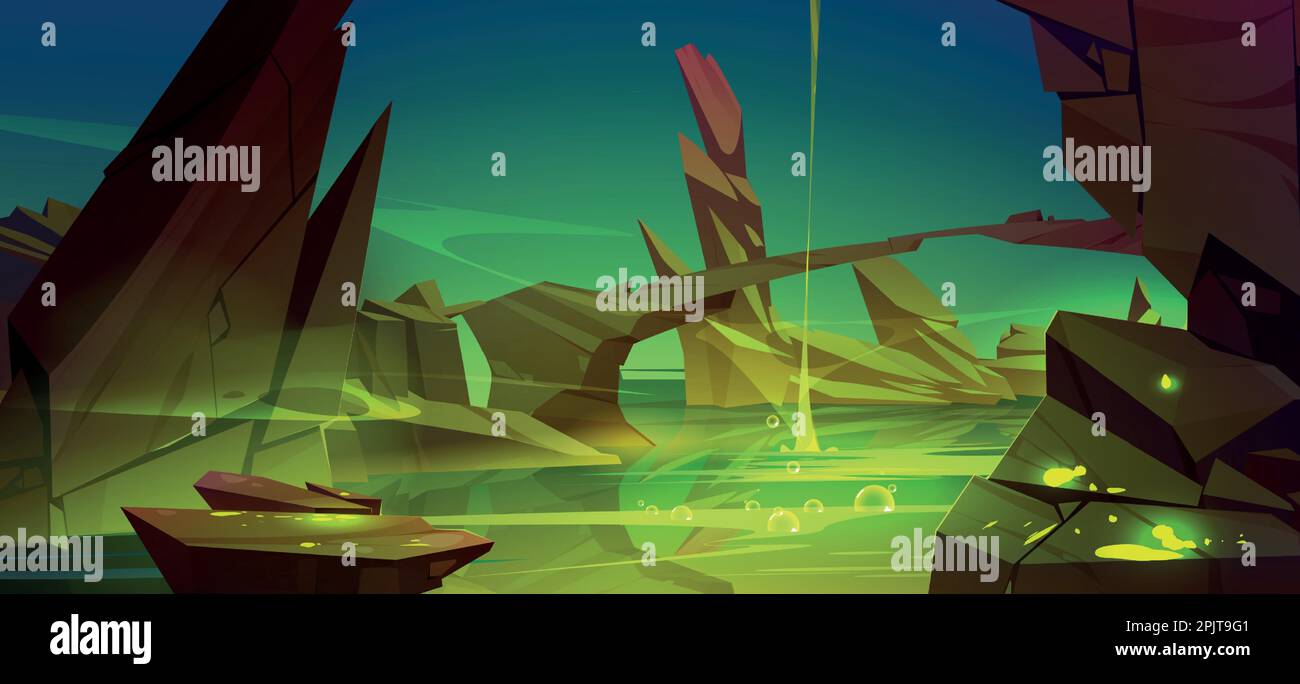River of toxic green substance flowing between rocks. Vector cartoon ...