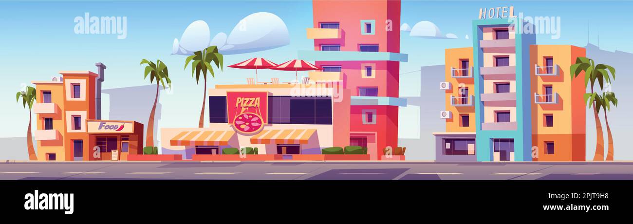Miami city street with buildings, palm trees and road. Vector cartoon ...