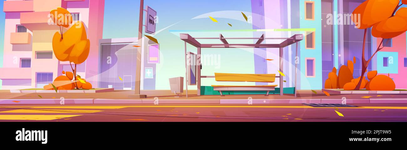 Autumn wind on street bus stop on road vector background. Day light in ...