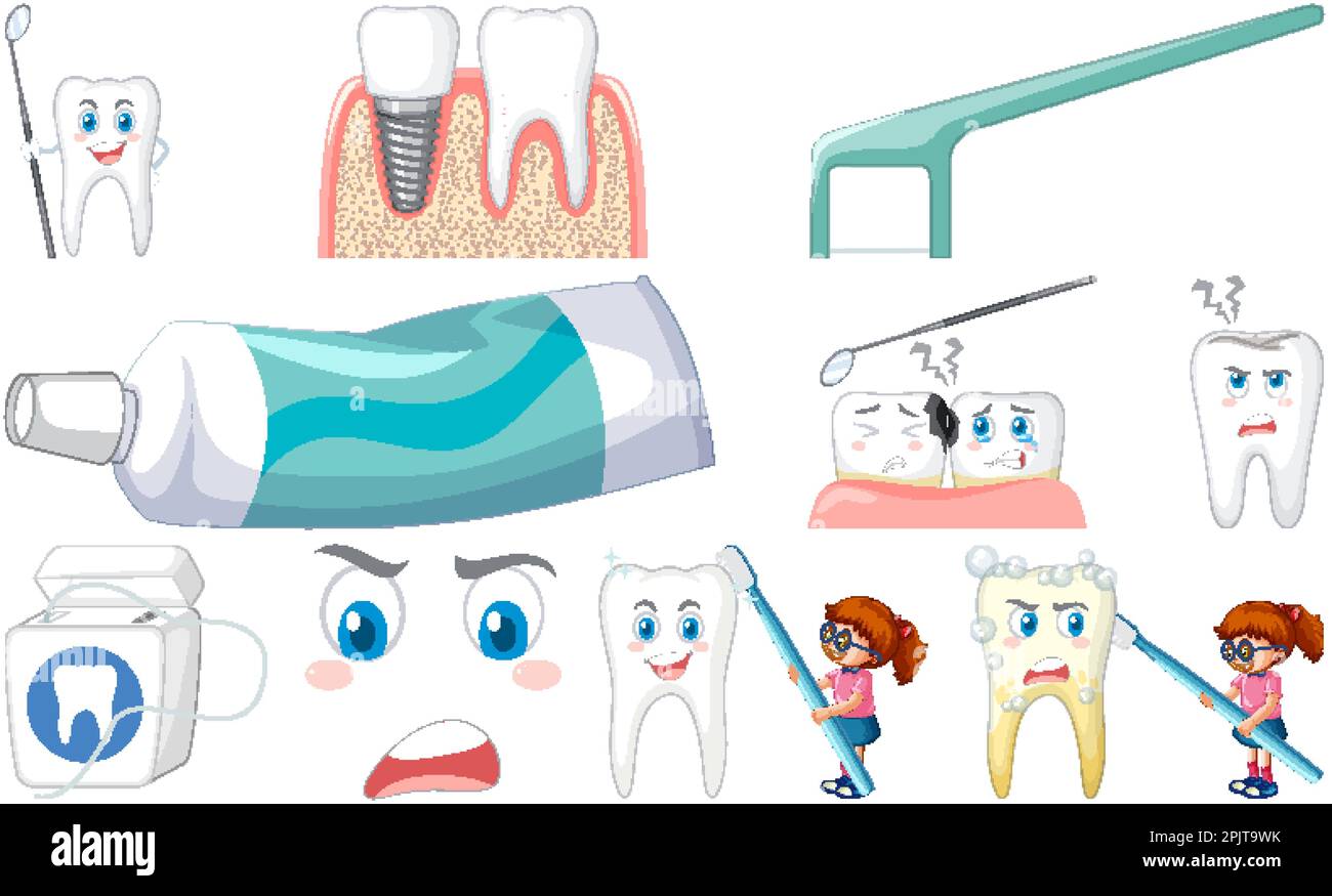 Set of dental equipments and cartoon characters illustration Stock ...