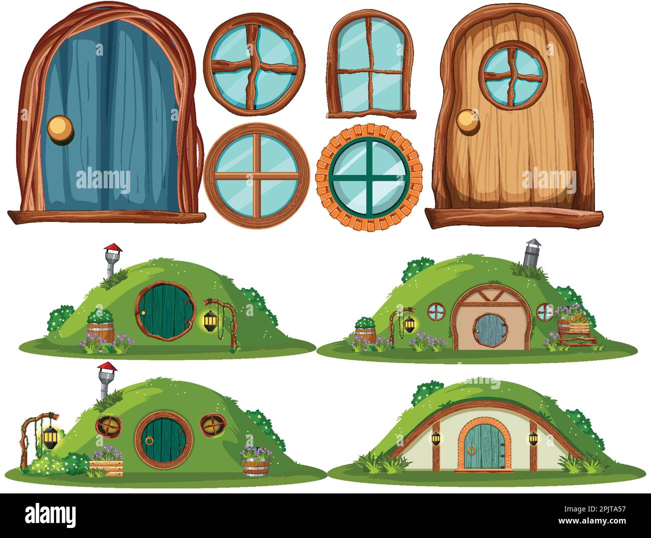 Set of hobbit house with seperate door and window illustration Stock ...