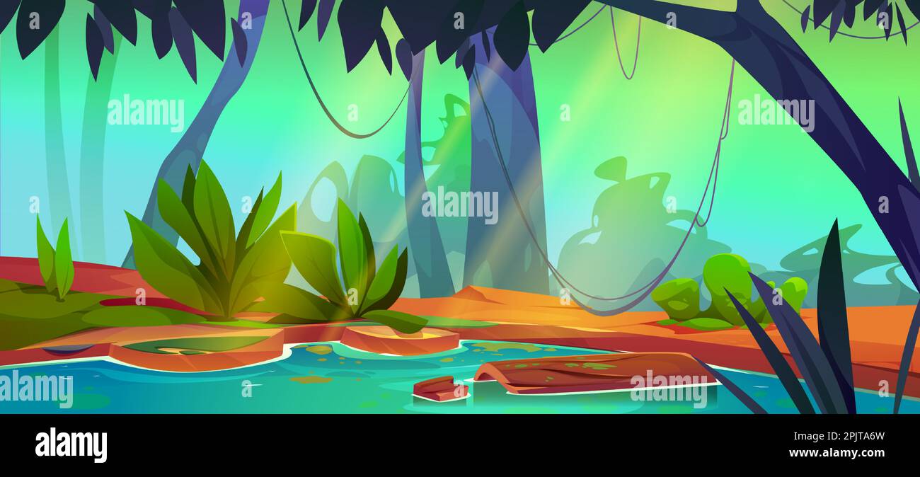 Swamp in jungle forest cartoon vector game background. Tropical scene ...