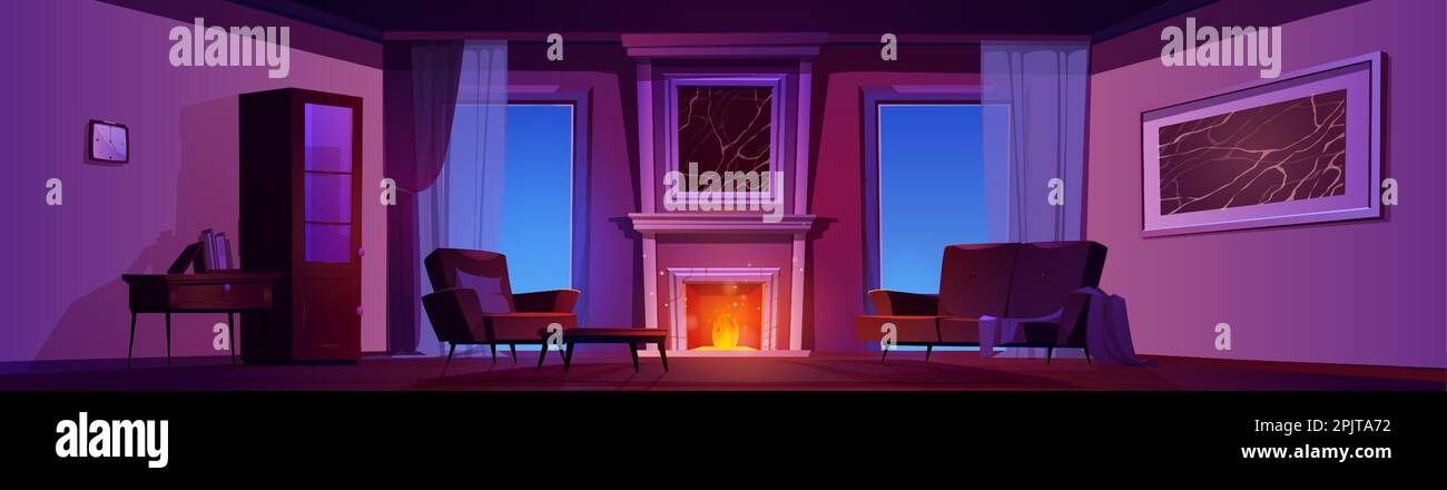 Night vintage living room with burning fireplace cartoon illustration ...