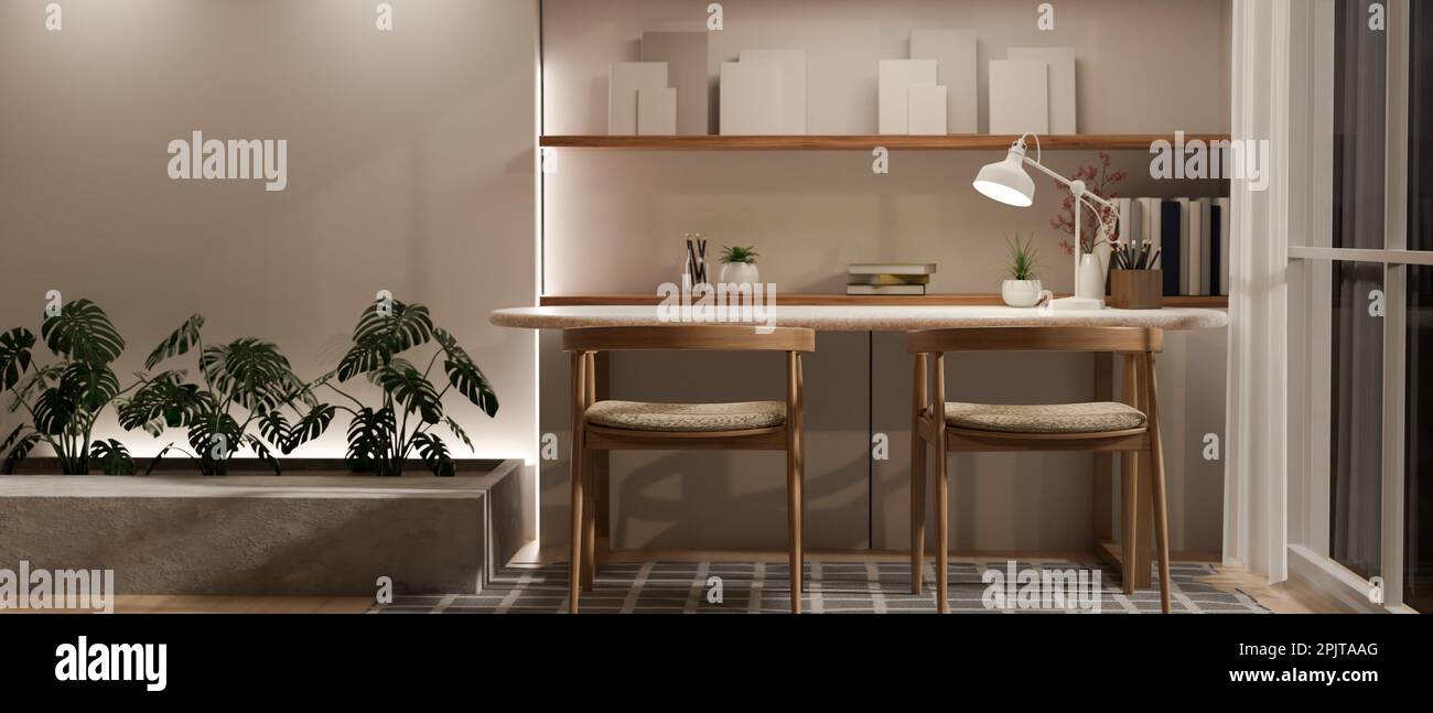 Modern contemporary home workspace interior design with a minimal wood ...