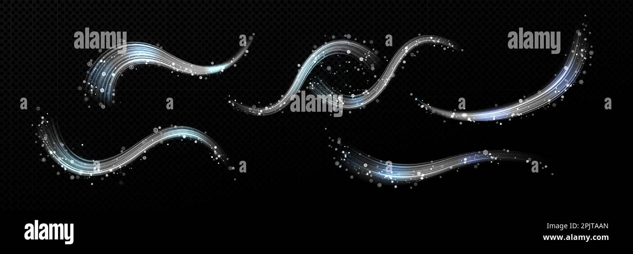 Realistic set of winter air swirls with snowflakes isolated on ...