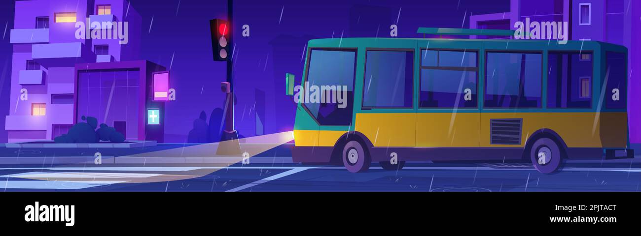 Night rain on street view city bus stop on red traffic light vector ...