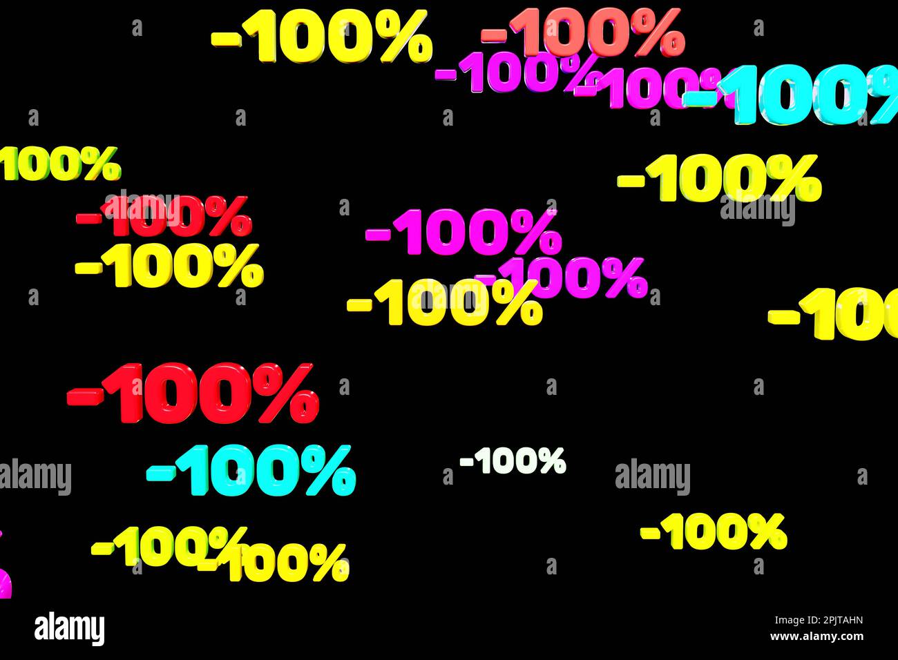 Colorful minus one hundred percent symbols fall down isolated on black ...