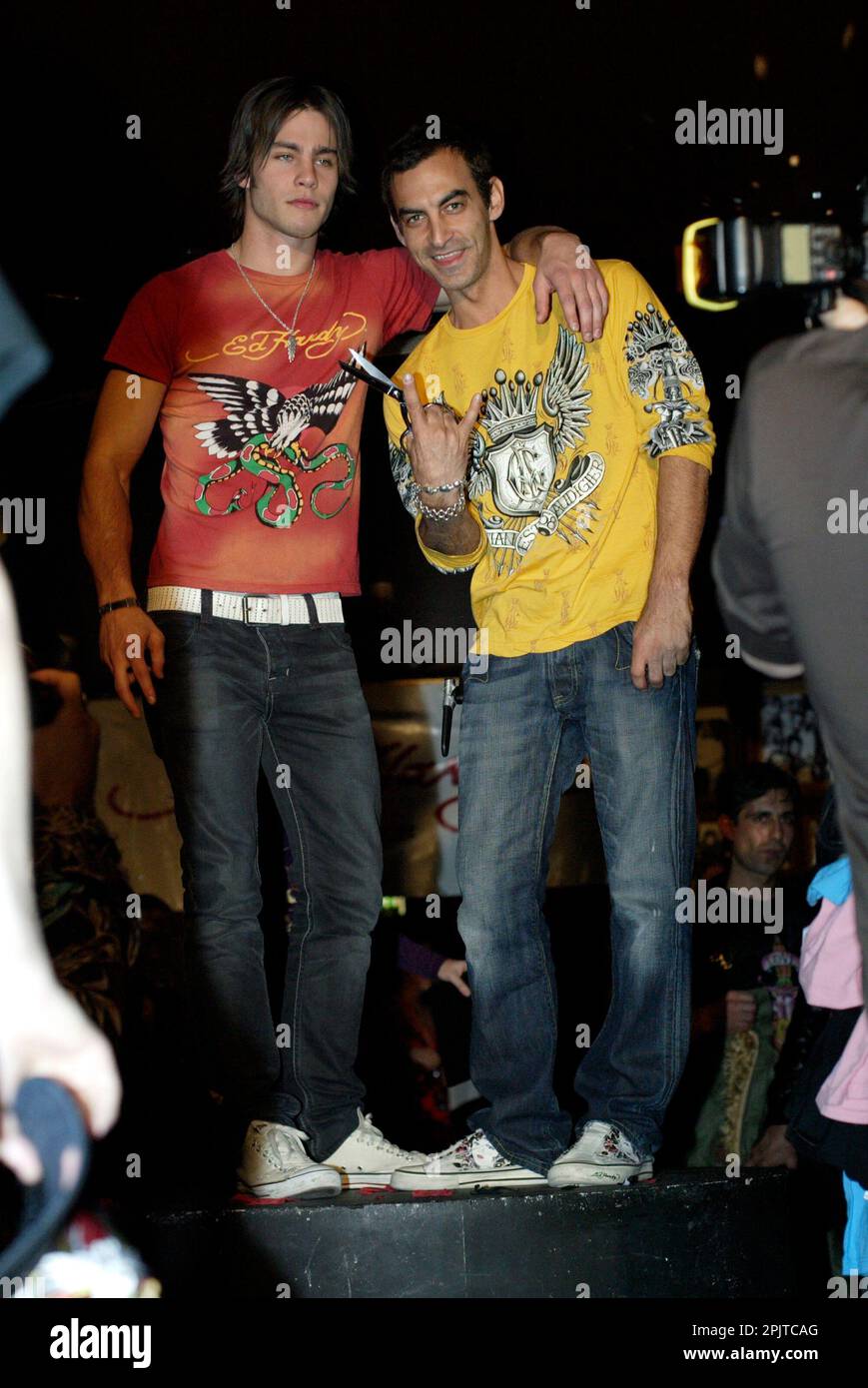Dean Geyer (left) with Ed Hardy designer Adam Sacks at the Ed Hardy ...
