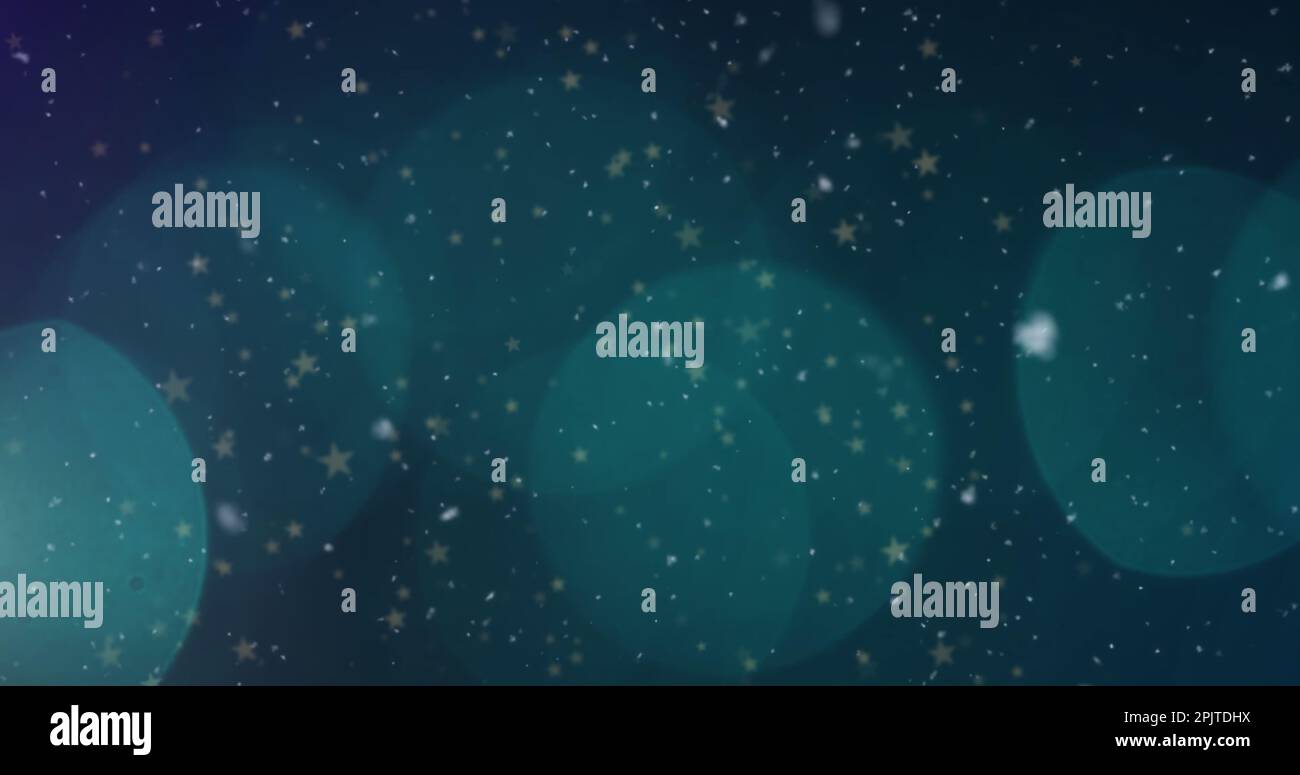 Image of stars and snow falling over light spots on black background ...
