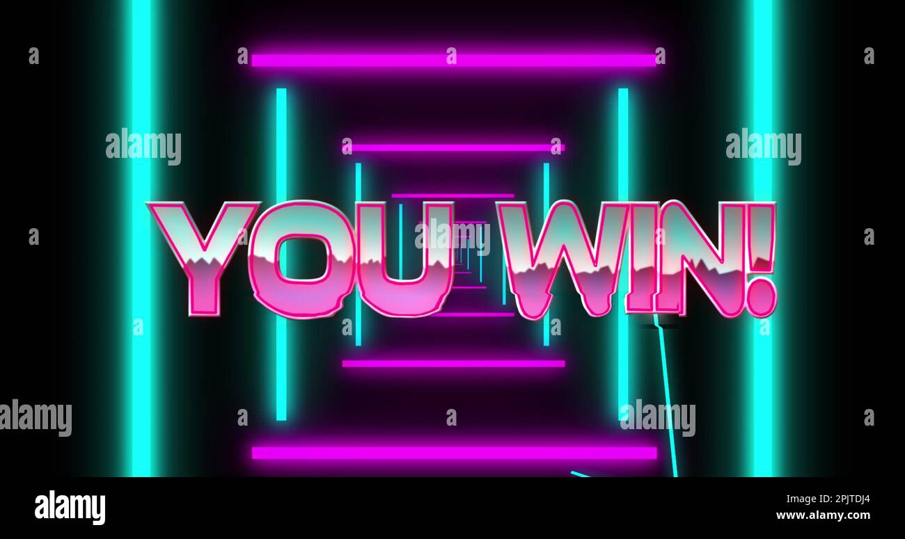 Image of you win text over moving shapes on black background Stock ...