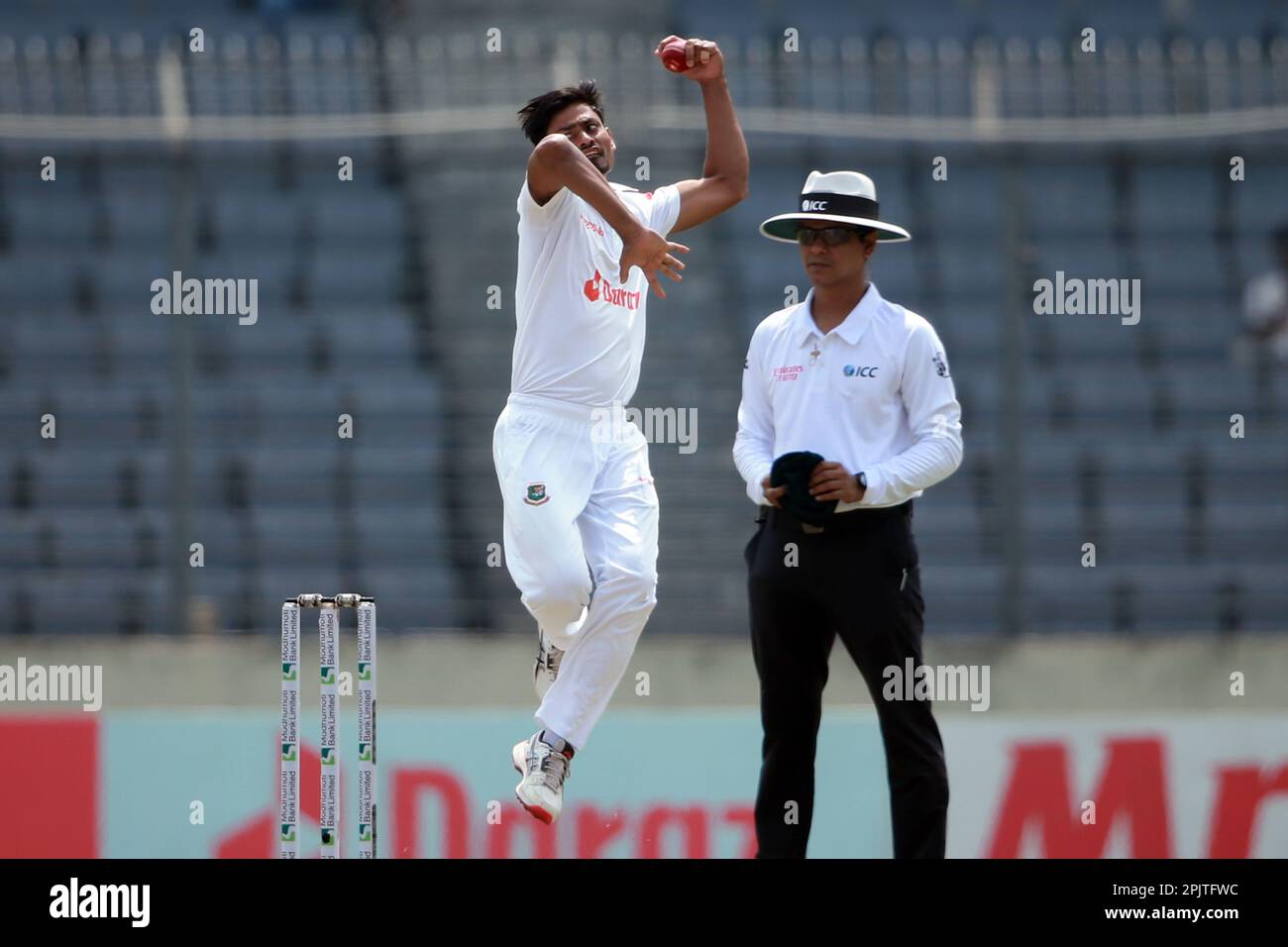 Bangladeshi spin bowler Taijul Islam bowl during the alone test match ...