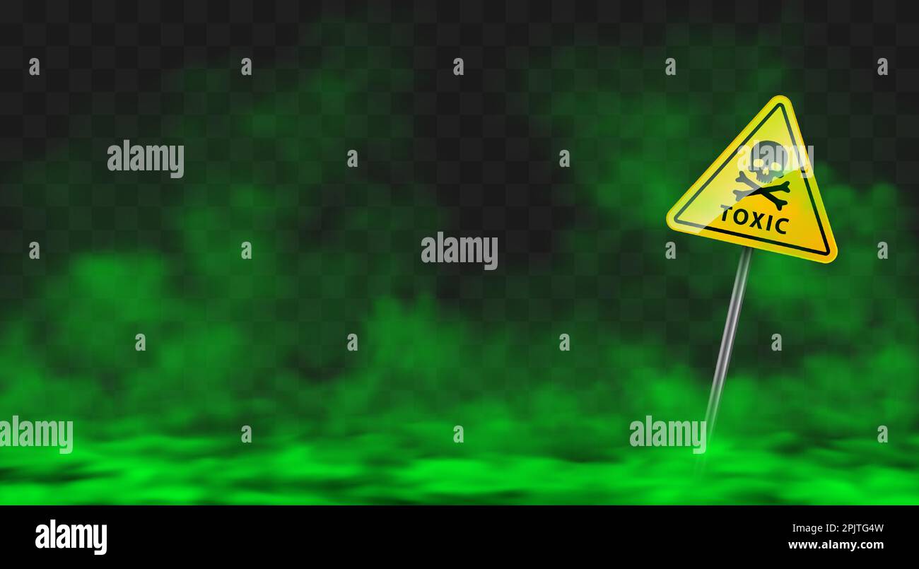 Warning sign in toxic green smoke or fog clouds. Vector realistic ...