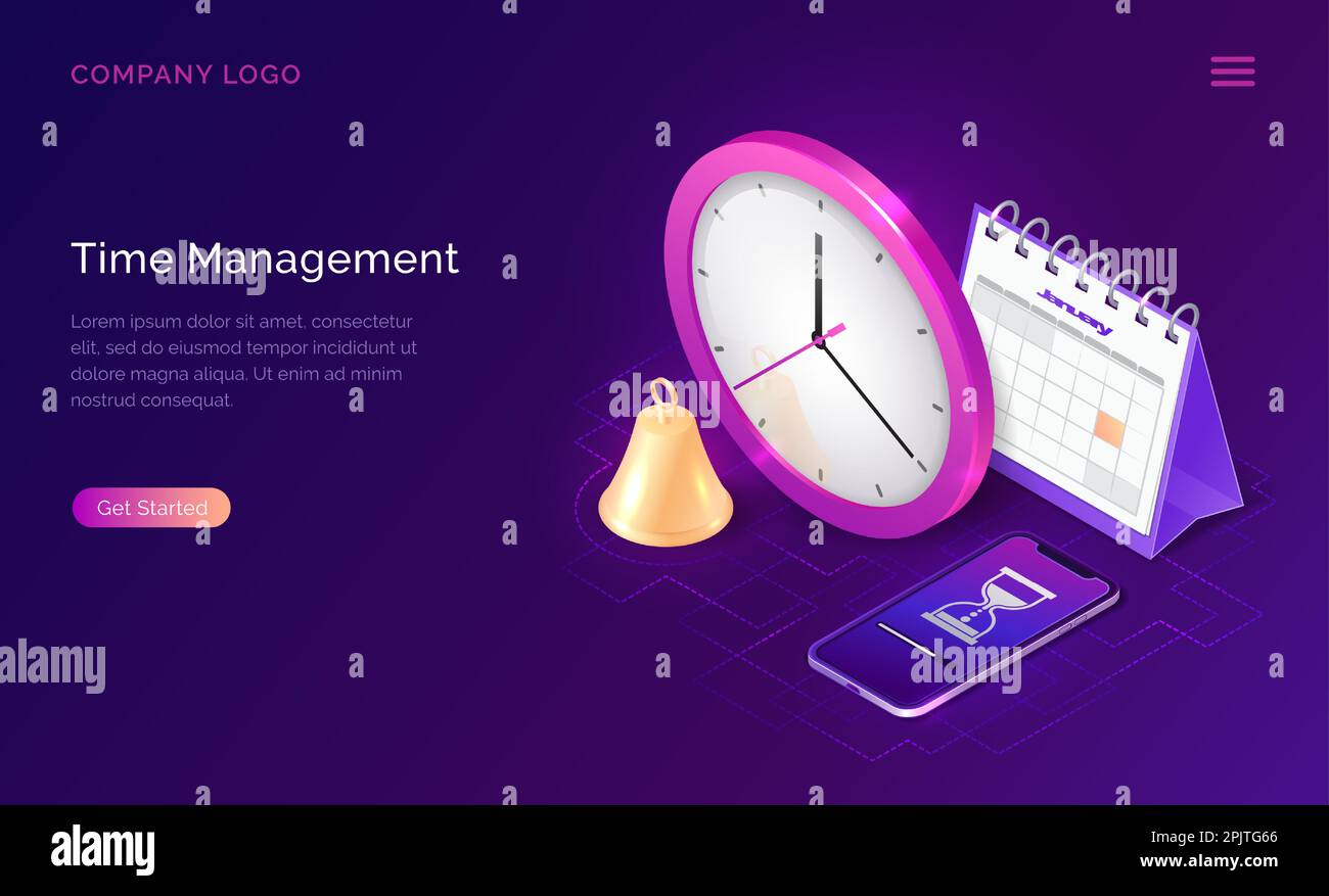 Time management isometric business concept vector. Desk calendar or schedule, clock, mobile ...