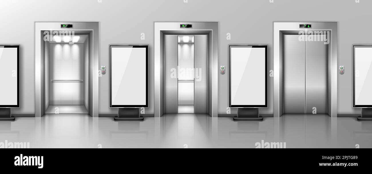 Blank billboards and elevator doors in office hallway. Vector realistic ...