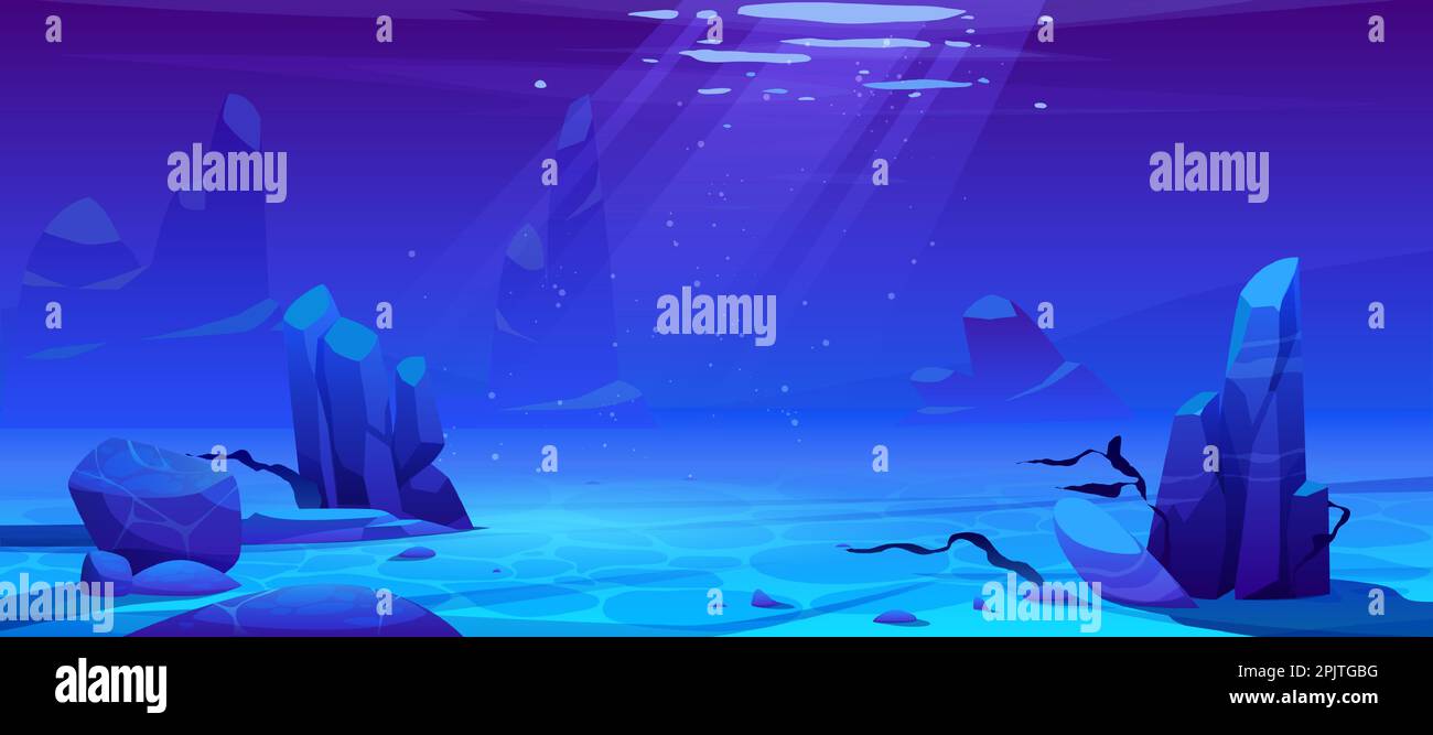 Ocean or sea underwater background. Empty sandy bottom with seaweeds ...