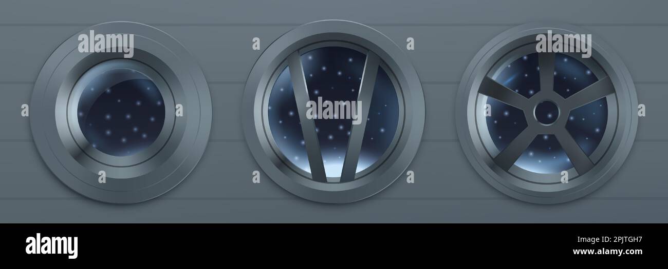 Porthole in spaceship, metal round windows in rocket with view to ...