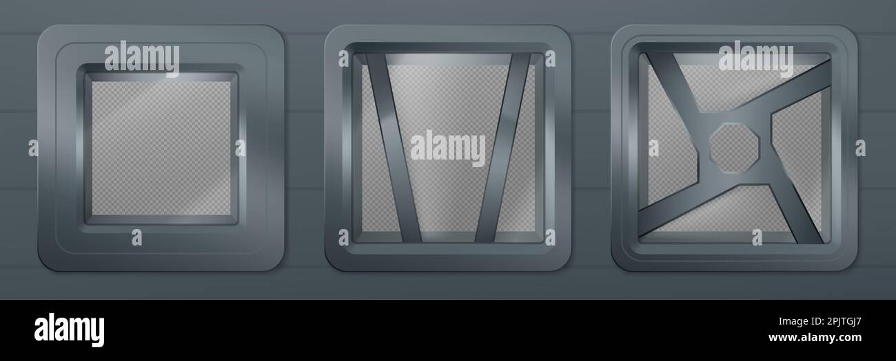 Porthole in spaceship, metal square windows in rocket. Vector realistic ...