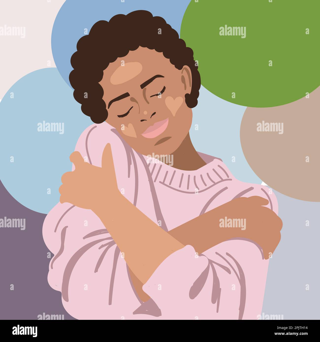 Woman hugging herself with hearts on white background. Self care ...