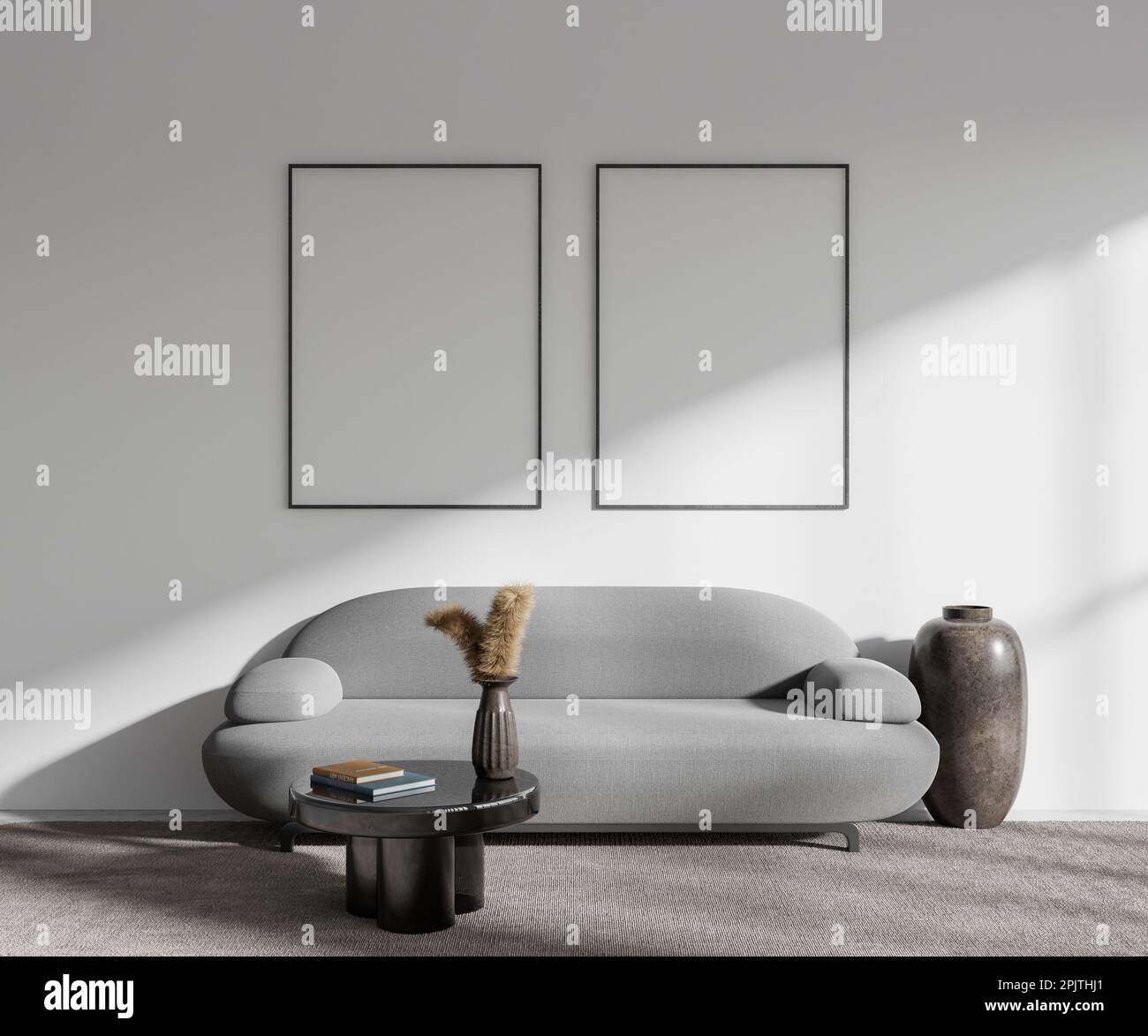 White living room interior with sofa, coffee table with stylish art ...