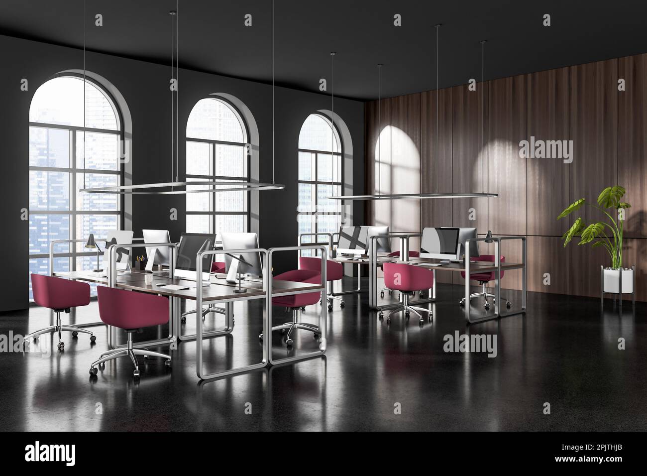 Dark business office interior with armchairs and pc computer on desk in ...