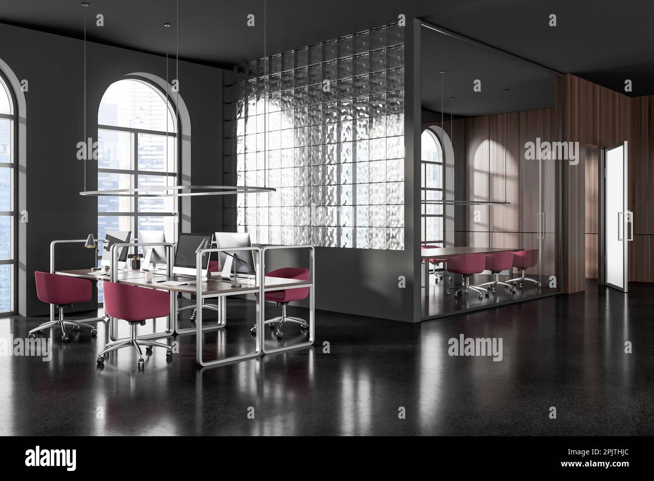 Grey office interior with coworking and conference room behind glass ...