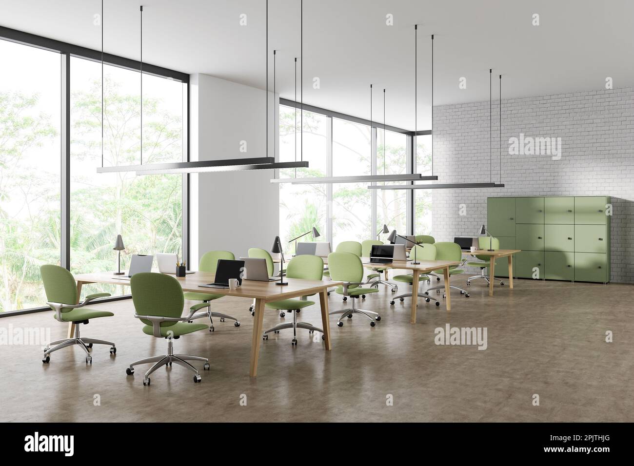White open space brick office interior with green armchairs, side view ...
