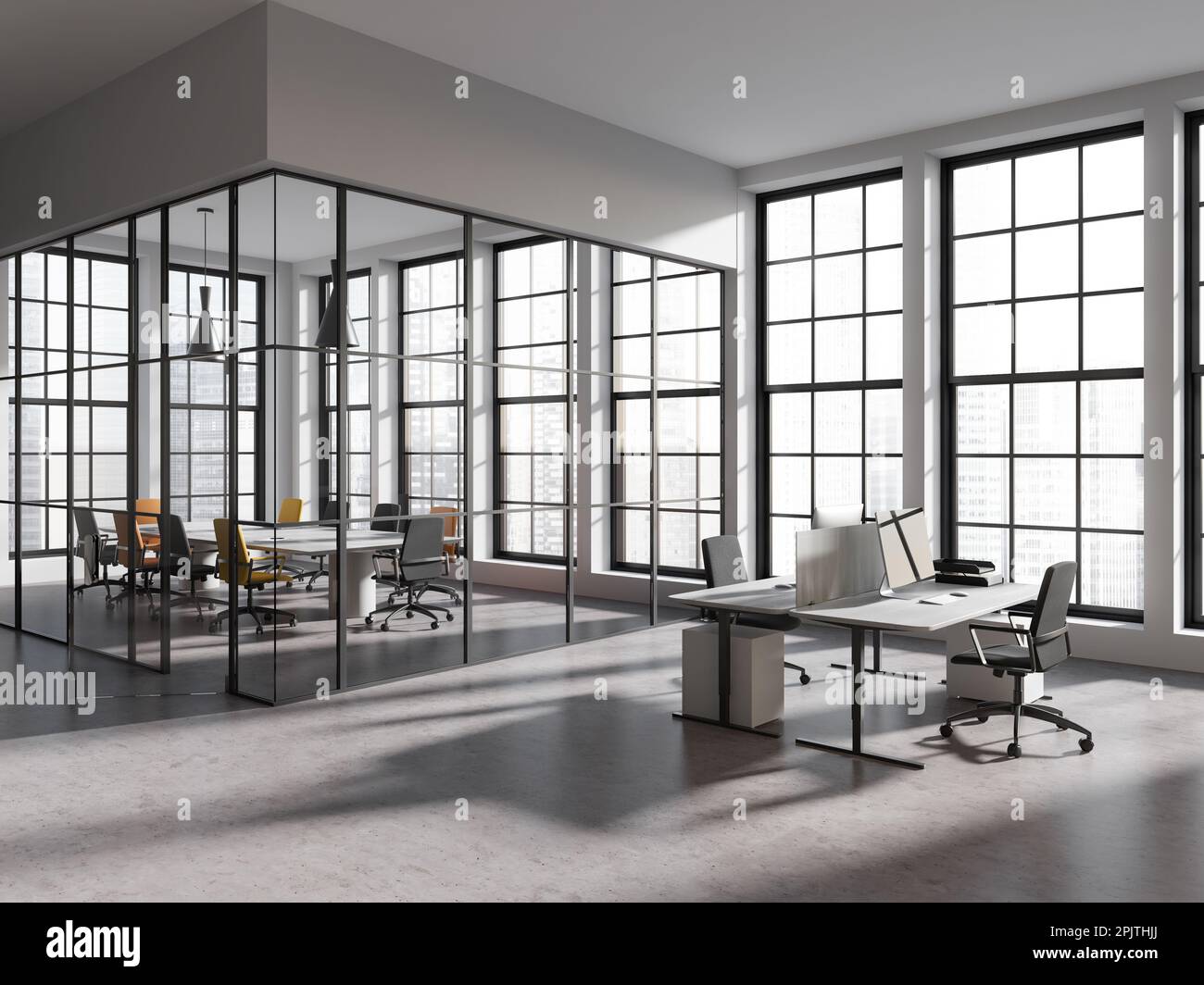 White business room interior with coworking and glass doors meeting ...