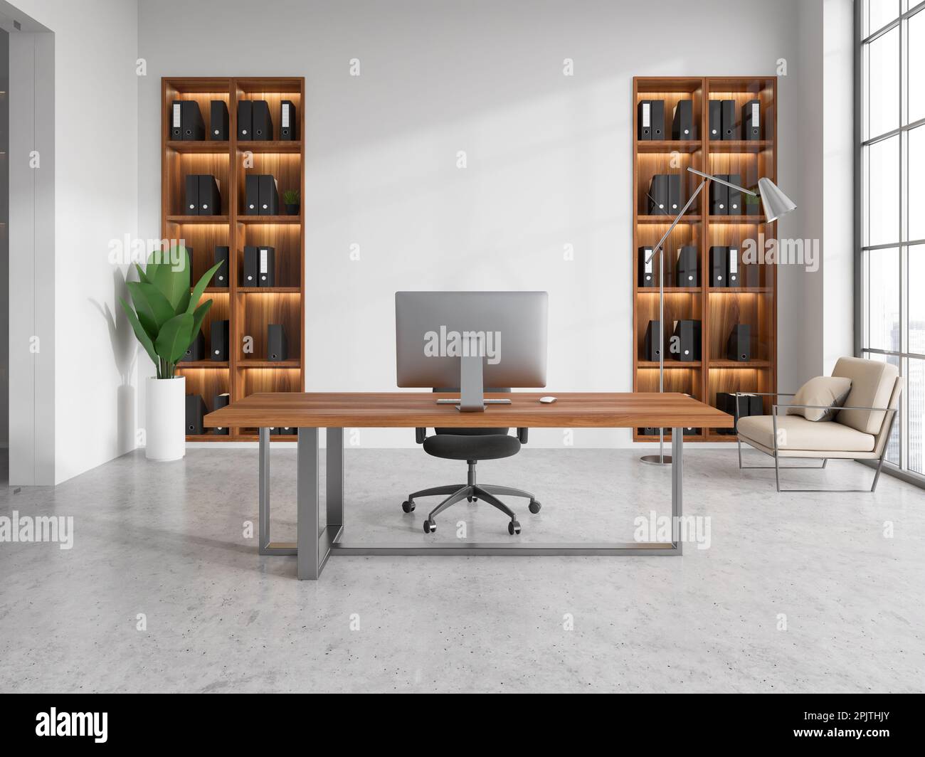 White workplace interior with pc computer on desk, grey concrete floor ...