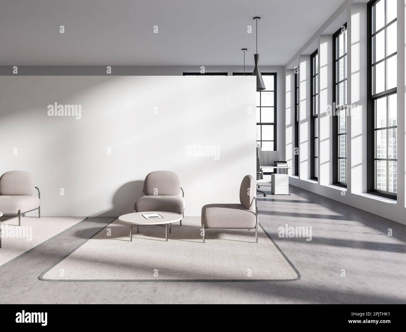 Interior of modern office waiting room with white walls, concrete floor ...