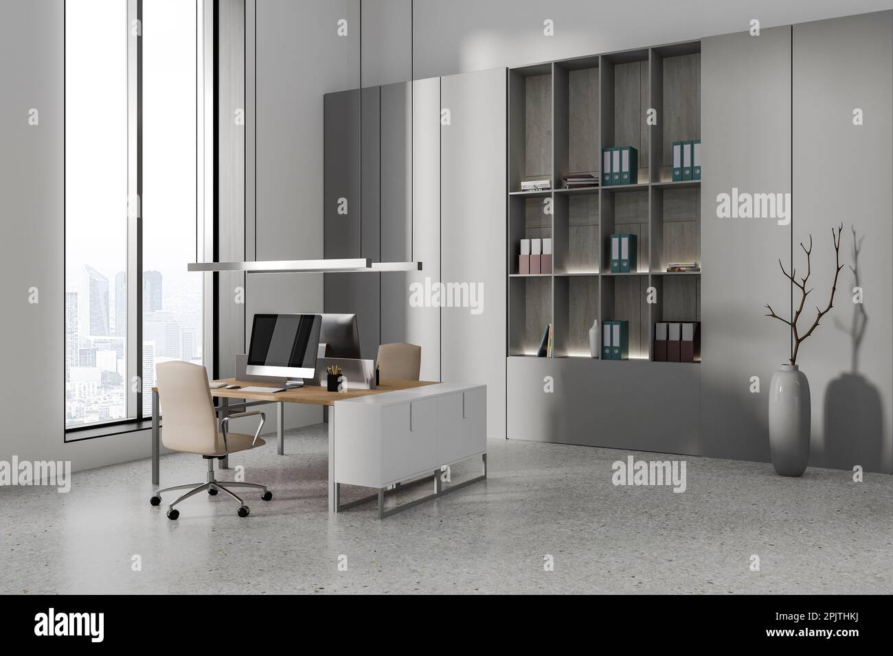 Cozy office interior with armchairs and pc computer on desk, side view ...