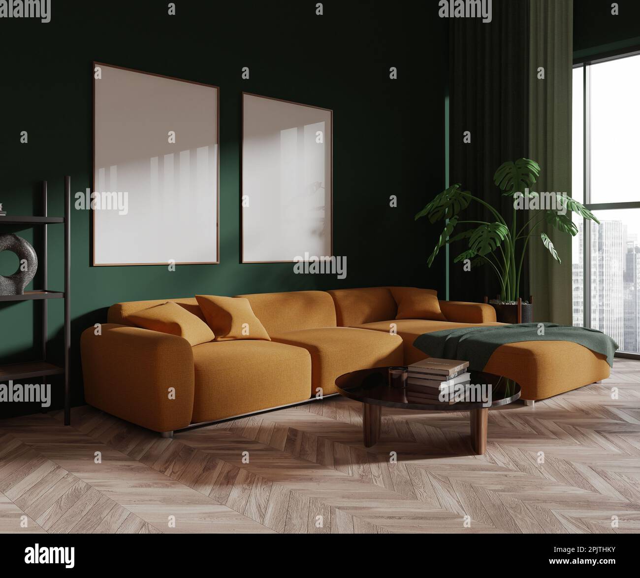 Green living room interior with sofa, side view glass coffee table with ...
