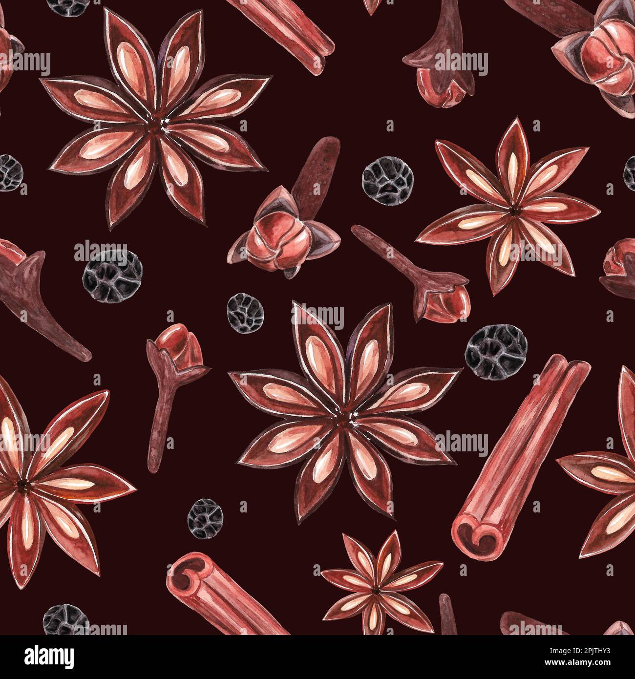 Watercolor pattern. Seamless texture with cinnamon, anise, cloves and ...