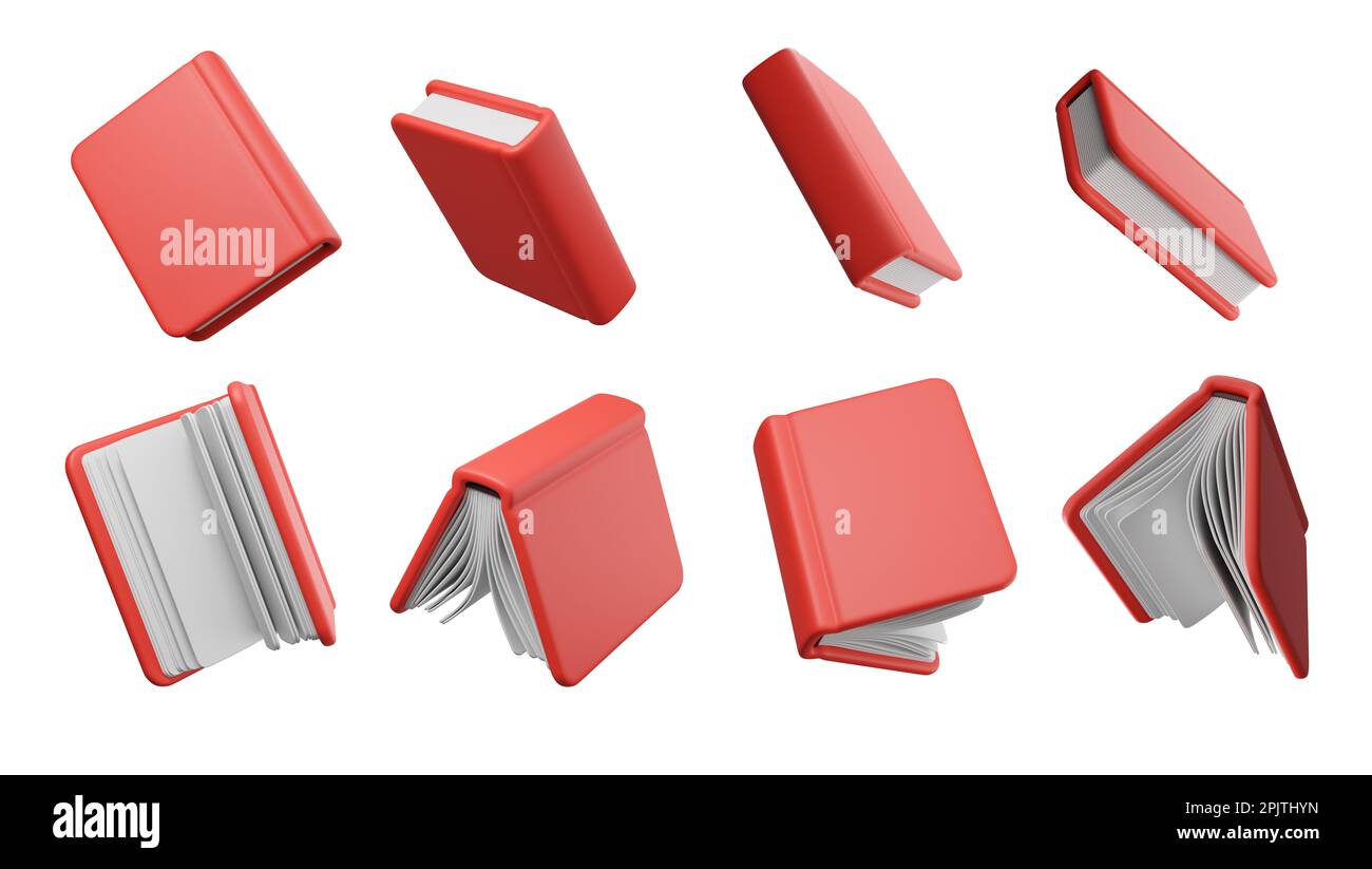 Red hardcover books set flying, different angles on white background ...